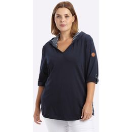 Kapuzenshirt sheego "Shirt", Damen, Gr. 44/46, tiefblau, 95% Baumwolle, 5% Elasthan, Kapuzenfutter:100% Baumwolle, gemustert, gestreift, unifarben, V-Ausschnitt, Shirts Kapuzenshirt