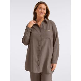 Hemdbluse sheego, Damen, Gr. 40, braun (dunkeltaupe), 55% Leinen, 45% Viskose, unifarben, V-Ausschnitt, Blusen Hemdbluse