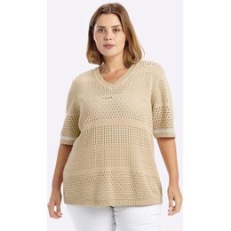 Strickpullover sheego "Halbarm-Pullover", Damen, Gr. 48/50, sand, 100% Baumwolle, unifarben, Pullover Strickpullover