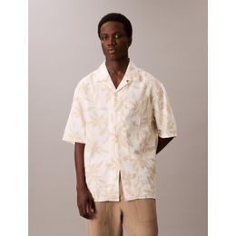 Kurzarmhemd Calvin Klein "SS CMP CLLR AP LNN R", Herren, Gr. M, N-Gr, pistachio shell, Web, Obermaterial: 55% Leinen, 45% Baumwolle, gebl&uuml;mt, gemustert, mehrfarbig, regular fit normal, Rundhals, eingesetzt abgesteppte Kante, Hemden, Mit Rundhalsausschnitt