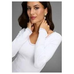 Langarmshirt AJC, Damen, Gr. 40/42 (M), wei&szlig;, Rippware, Obermaterial: 100% Baumwolle. Spitze: 95% Polyester, 5% Elasthan, unifarben, Basic, sehr figurbetont, V-Ausschnitt, Spitzenkante, Shirts Langarmshirt, sehr figurbetont, unifarben, V-Ausschnitt mit Spitzenkante