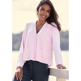 ELBSAND Strickjacke pink Gr. 48/50 f&uuml;r Damen. Tiefer V-Ausschnitt und Logoschriftzug. Figurumspielend. Nachhaltig.