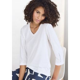 French Connection 3/4-Arm-Shirt wei&szlig; Gr. 36/38 f&uuml;r Damen. Tiefer V-Ausschnitt und Print. Figurbetont