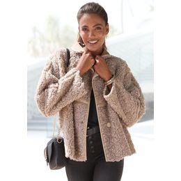 Lascana Fellimitatjacke taupe Gr. 42 f&uuml;r Damen. Mit Lederimitatverzierungen. Figurumspielend