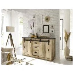 Sideboard Home Affaire "SHERWOOD", braun (old style hell dekor), B:161cm H:91cm T:43cm, Sideboards, Sideboard, Holz Dekor, mit Scheunentorbeschlag und Apothekergriffen, Breite 161cm