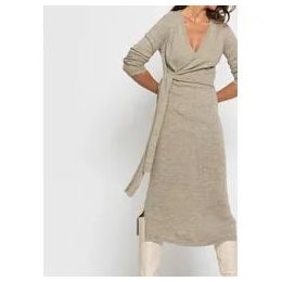 Strickkleid bonprix "Midi-Strickkleid", Damen, Gr. 40/42 (M), N-Gr, beige (beige meliert), Obermaterial: 90% Polyacryl, 10% Polyester, slim fit, V-Ausschnitt, Kleider Strickkleid, mit modernem Wickel-Design, aus Polyacryl und Polyester