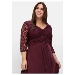 Abendkleid sheego "Abendkleid", Damen, Gr. 58, Normalgr&ouml;&szlig;en, rot (burgund), 95% Polyester, 5% Elasthan, unifarben, wadenlang, V-Ausschnitt, Kleider Abendkleid