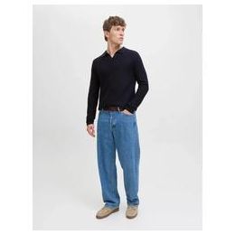 Jack & Jones Polokragenpullover JACK & JONES "JPRBLAEASTON KNIT SPLIT NECK LS SN", Herren, Gr. S, blau (night sky), Strick, Obermaterial: 100% Baumwolle, unifarben, regular fit h&uuml;ftlang, V-Ausschnitt, Pullover