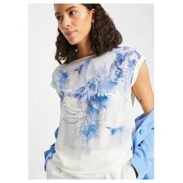 Blusenshirt bonprix, Damen, Gr. 40/42 (M), wei&szlig; (wollwei&szlig;, blau gebl&uuml;mt), Jersey, Obermaterial: 98% Polyester, 2% Elasthan. Obermaterial 2: 95% Viskose, 5% Elasthan, bedruckt, gemustert, figurumspielend h&uuml;ftbedeckend, Rundhals, angeschnitten Umschlagsaum, Shirts Blusenshirt, figurumspielende Passform, Kurzarm, toller Materialmix