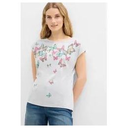 T-Shirt bonprix, Damen, Gr. 40/42 (M), grau (grau meliert), Obermaterial: 65% Polyester, 35% Viskose, slim fit, Shirts T-Shirt, Slim fit Passform, Kurzarm mit kleinen Fl&uuml;gel&auml;rmeln