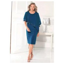 Abendkleid GOLDNER "Kurzgr&ouml;&szlig;e Kleid mit raffiniertem Chiffon&uuml;berwurf", Damen, Gr. 19, K-Gr, blau (mykonosblau), Obermaterial: 96% Polyester PES. 4% Elasthan EL., festlich, figurumspielend, U-Boot-Ausschnitt, Halbarm, Kleider Abendkleid, Chiffon