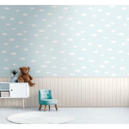 Livingwalls Fototapete LIVING WALLS "Wallpanel Tapete Wandpaneele Motivtapete Wolken Landhaus", blau (creme,blau,wei&szlig;), B:1,59m H:0,02m L:2,8m, Vlies, Tapeten, Vliestapete Kinderzimmer f&uuml;r Schlafzimmer Wohnzimmer Wandpaneele Flur