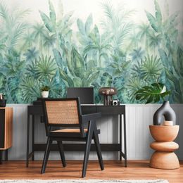 Livingwalls Fototapete LIVING WALLS "Wallpanel Tapete Wandpaneele Motivtapete Dschungel Landhaus", bunt (wei&szlig;,blau,gr&uuml;n), B:1,59m H:0,02m L:2,8m, Vlies, Tapeten, Vliestapete Bl&auml;tter f&uuml;r Schlafzimmer K&uuml;che Wohnzimmer Wandpaneele Flur