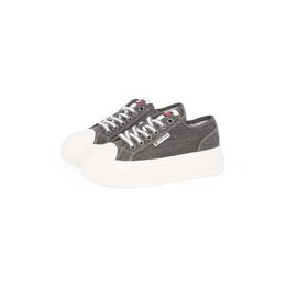 Plateausneaker Tommy Jeans "TJW FOXING FLATFORM LC", Damen, Gr. 41, grau (anthrazit), Baumwolle, Schuhe Plateausneaker, Freizeitschuh, Halbschuh, Schn&uuml;rschuh im Jeans-Look