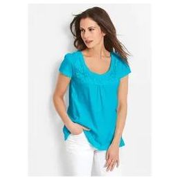T-Shirt bonprix, Damen, Gr. 44/46 (L), karibikblau, Jersey, Obermaterial: 100% Baumwolle. Spitze: 100% Baumwolle, unifarben, figurumspielend h&uuml;ftlang, Rundhals, Shirts T-Shirt, bequeme Passform, mit Spitzenapplikation in H&auml;kel-Optik, aus Baumwolle
