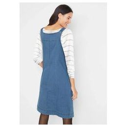 Jeanskleid bonprix, Damen, Gr. 44, N-Gr, blau denim, Denim/Jeans, Obermaterial: 98% Baumwolle, 2% Elasthan, A-Linie knieumspielend, Kleider, Latzkleid mit verstellbaren Tr&auml;gern, aufgesetzte Taschen