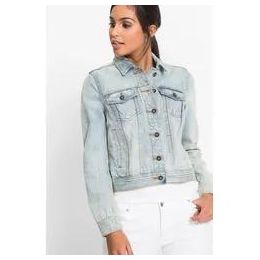 Jeansjacke bonprix, Damen, Gr. 46, blau (hellblau denim), Denim/Jeans, Obermaterial: 98% Baumwolle, 2% Elasthan, Abriebeffekte, unifarben, schmal taillenbedeckt, 1-Knopf-Manschette, Jacken Jeansjacke, casual Stil, aus Baumwoll-Denim, schmale Passform, coole Waschung