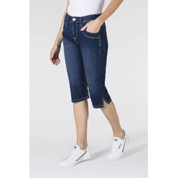 Caprijeans MAC "CAPRI", Damen, Gr. 40, L&auml;nge 19, blau (dunkelblau used), Denim/Jeans, Obermaterial: 98% Baumwolle, 2% Elasthan, Abriebeffekte, figurbetont kniebedeckend, Jeans, Eingelegte Zierfalten am Saum