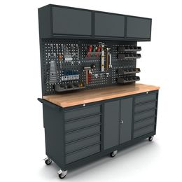 Valkenpower Werkbank mobil 2 T&uuml;ren 2x5 Schubladenschrank inkl. Werkzeugwand und Oberschrank