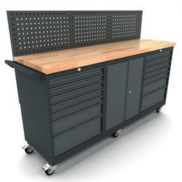 Valkenpower Werkbank mobil 2 T&uuml;ren 2x7 Schubladenschrank inkl. Werkzeugwand