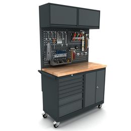 Valkenpower Werkbank mobil 2 T&uuml;ren 7 Schubladenschrank inkl. Werkzeugwand und Oberschrank