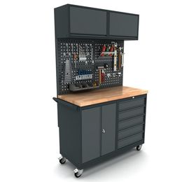 Valkenpower Werkbank mobil 2 T&uuml;ren 5 Schubladenschrank inkl. Werkzeugwand und Oberschrank