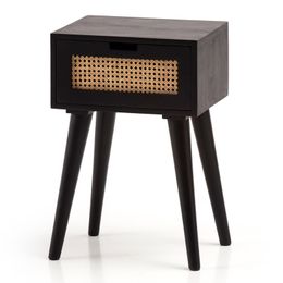 FineBuy Nachtkonsole Massivholz Schwarz Rattan Schublade Nachttisch Nachtk&auml;stchen Boho