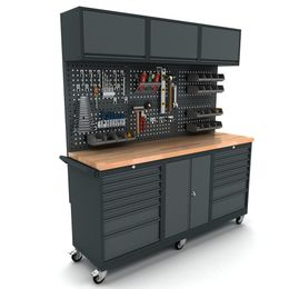 Valkenpower Werkbank mobil 2 T&uuml;ren 2x7 Schubladenschrank inkl. Werkzeugwand und Oberschrank