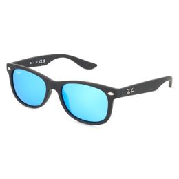 Ray-Ban Ray Ban Junior 0RJ9052S JUNIOR NEW WAYFARER | Kinder-Sonnenbrille | Fassung: Vollrand, Quadratisch, Kunststoff, Schwarz | Glasfarbe: Gr&uuml;n Spiegel Blau