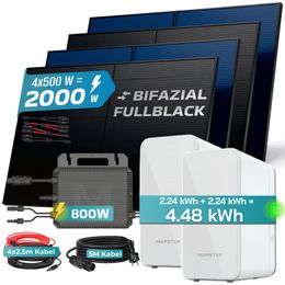 SUNNIVA&reg; 2000W Balkonkraftwerk mit 4.48 kWh Speicher MARSTEK 2x B2500-D, BIFAZIAL FULLBLACK komplett Steckdose, PV Solaranlage Komplettset mit Solarspeicher, 4x 500W N-Type Glas Bifacial Module