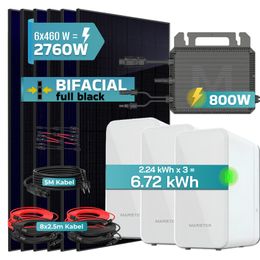 SUNNIVA&reg; 2760W Balkonkraftwerk mit 6,72 kWh Speicher Marstek 3x B2500-D, BIFAZIAL FULLBLACK komplett Steckdose, PV Solaranlage Komplettset mit Solarspeicher, 6x 460W N-Type Glas-Glas Bifacial Module