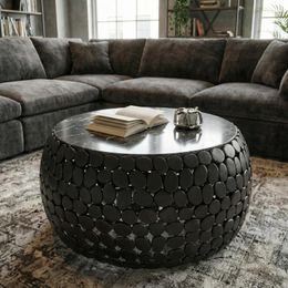 FineBuy Couchtisch rund 65cm Sofatisch Aluminium schwarz Metall Marmor Wohnzimmertisch