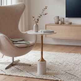 FineBuy Beistelltisch 37cm Design Marmor Platte wei&szlig; Wohnzimmertisch Couchtisch Metall