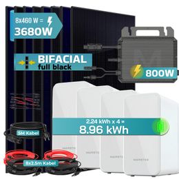 SUNNIVA&reg; 3680W Balkonkraftwerk mit 8,96 kWh Speicher Marstek 4x B2500-D, BIFAZIAL FULLBLACK komplett Steckdose, PV Solaranlage Komplettset mit Solarspeicher, 8x 460W N-Type Glas-Glas Bifacial Module