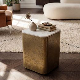 FineBuy Beistelltisch 33cm mit Marmor Platte wei&szlig; Wohnzimmertisch Couchtisch Metall