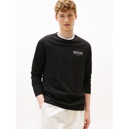 Longsleeve Tommy Hilfiger "HILFIGER STACK LS TEE", Herren, Gr. L, schwarz, Single Jersey, Obermaterial: 100% Baumwolle, h&uuml;ftbedeckend, Rundhals, Shirts, Kontrastfarbener Print auf der Brust