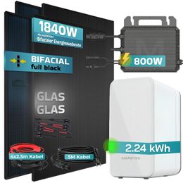 SUNNIVA&reg; 1840W Balkonkraftwerk mit 2,24 kWh Speicher Marstek B2500-D, BIFAZIAL FULLBLACK komplett Steckdose, PV Solaranlage Komplettset mit Solarspeicher, 4x 460W N-Type Glas-Glas Bifacial Module