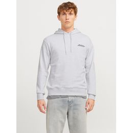 Jack & Jones Kapuzensweatshirt JACK & JONES "JJBEAU &ndash; Sweater mit Logodruck, Slim Fit und Baumwolle", Herren, Gr. M, grau (wei&szlig; melange), angeraute Sweatware, Obermaterial: 80% Baumwolle, 20% Polyester, meliert, slim fit, Rippb&uuml;ndchen, Sweatshirts, unifarben, modisch, slim fit, angeraute Sweatware, Kapuze