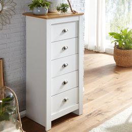 FineBuy Schubladenkommode 53cm mit 5 Schubladen in MDF Wei&szlig; mit Eiche Kommode Sideboard