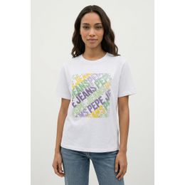 T-Shirt Pepe Jeans "AMELIA", Damen, Gr. L, wei&szlig; (800wei&szlig;), Single Jersey, Obermaterial: 100% Baumwolle, bedruckt, meliert, regular fit, Rundhals, abgesteppte Kante, Shirts T-Shirt, mit Print vorn