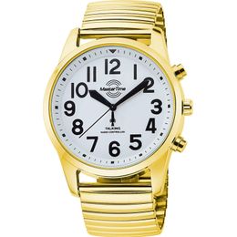 Funkuhr MASTER TIME "Sprechende Funkuhr", gold (goldfarben, wei&szlig;), Armbanduhren, Herren, Funkuhr, Quarzuhr, Armbanduhr, Herrenuhr, analog, Flexband, Zugband