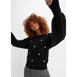 Strickpullover bonprix "Feinstrickpullover aus Viskose-Mix", Damen, Gr. 36/38 (S), schwarz, Feinstrick, Obermaterial: 50% Viskose, 26% Polyamid, 24% Polyester, bestickt, unifarben, bequem h&uuml;ftlang, Rundhals, weit extrabreites B&uuml;ndchen, Pullover Strickpullover, aus Viskose-Mix, mit Herzen-Stickerei, bequeme Passform