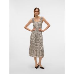 V&eacute;ro Moda Sommerkleid VERO MODA "VMMENNY SL SMOCK CALF DRESS WVN GA", Damen, Gr. S, N-Gr, beige (oatmeal aop:tenna), Web, Obermaterial: 100% Viskose, bedruckt, regular fit wadenlang, eckiger Ausschnitt, Kleider Sommerkleid, Viskose, regular fit, Oberteil gesmokt