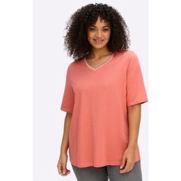 V-Shirt sheego "Shirt", Damen, Gr. 48/50, koralle, 100% Baumwolle, unifarben, V-Ausschnitt, Shirts