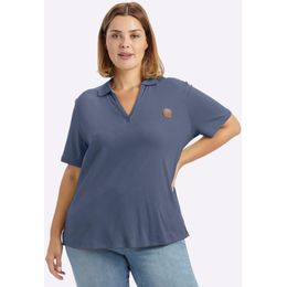 Poloshirt sheego "Poloshirt", Damen, Gr. 40/42, rauchblau, 100% Baumwolle, unifarben, V-Ausschnitt, Shirts