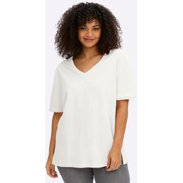 T-Shirt sheego "Halbarmshirt", Damen, Gr. 48/50, ecru, 50% Baumwolle, 50% Viskose, Besatz:100% Baumwolle, unifarben, V-Ausschnitt, Shirts T-Shirt