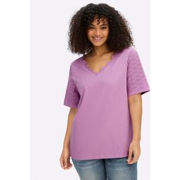Kurzarmshirt sheego by Joe Browns "Shirt", Damen, Gr. 48/50, orchidee, 100% Baumwolle, Einsatz:100% Baumwolle, unifarben, V-Ausschnitt, Shirts