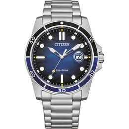 Solaruhr Citizen, silber (silberfarben, dunkelblau), Armbanduhren, Herren, Armbanduhr, Herrenuhr, Edelstahlarmband, bis 10 bar wasserdicht, Datum
