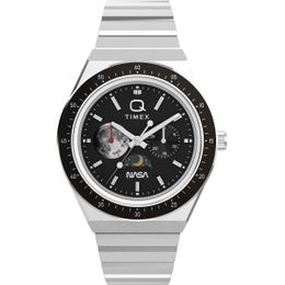 Quarzuhr Timex "Q Timex Vintage Inspired NASA", silberfarben, Armbanduhren, Herren, Quarzuhr, Armbanduhr, Herrenuhr, Edelstahlarmband, analog, Wochentag, Tag