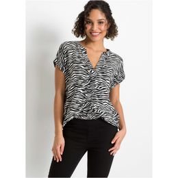 Tunika bonprix, Damen, Gr. 46, schwarz (schwarz, wollwei&szlig; zebra bedruckt), Obermaterial: 100% Viskose, regular fit, Tuniken, eleganter Look, Kurzarm-Design, Regular Fit, mit Henley-Kragen